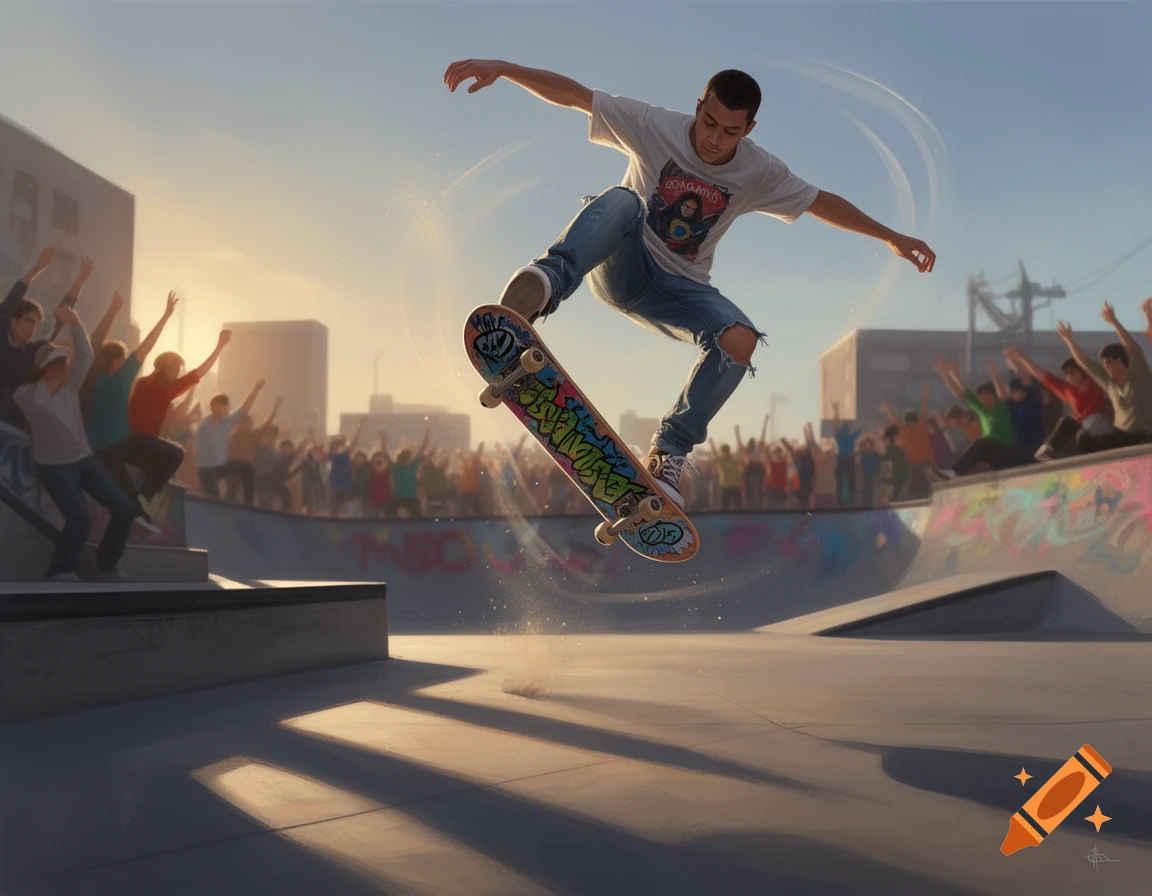 A young man performs a mid-air skateboarding trick, possibly a heelflip ...