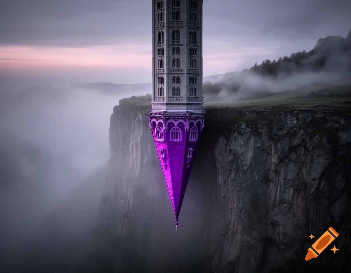 A realistic inverted tower with a purple pointed end and grey structure ...
