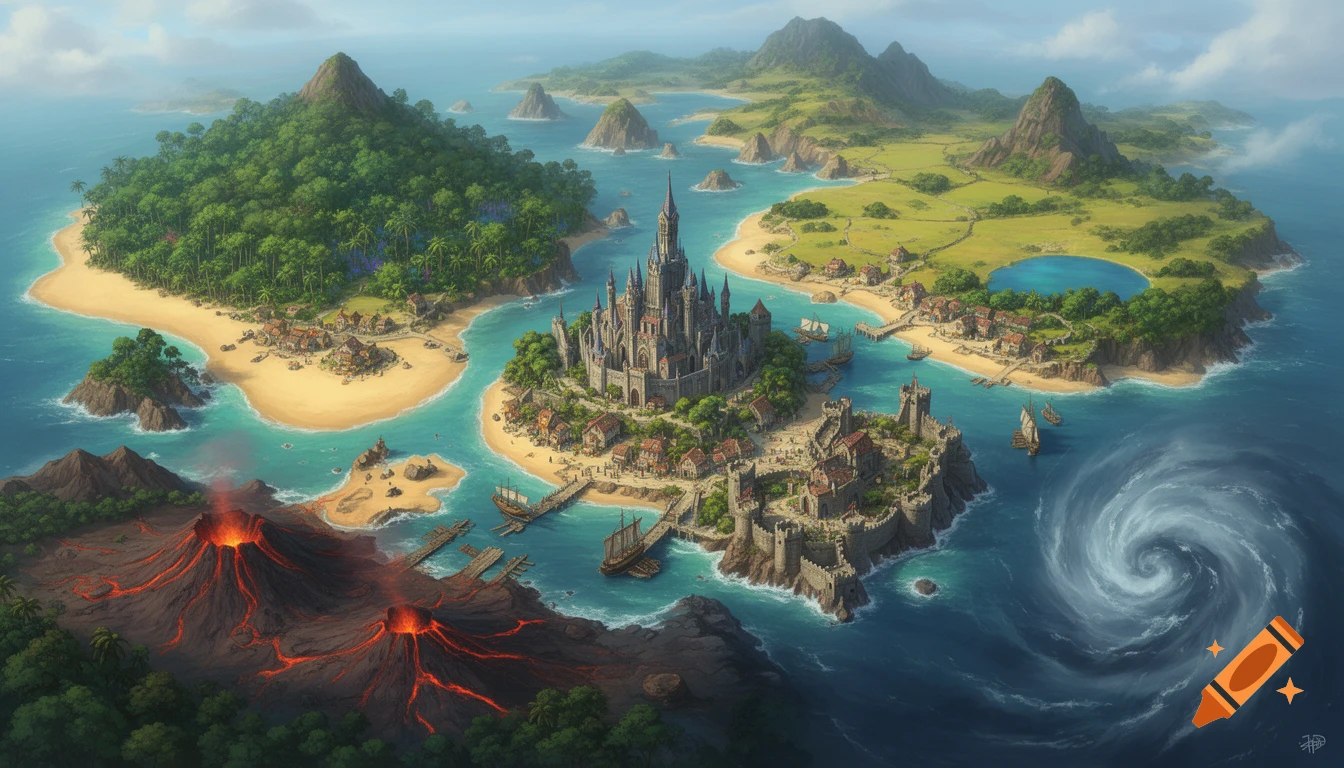 An aerial view of a detailed fantasy island archipelago featuring a ...