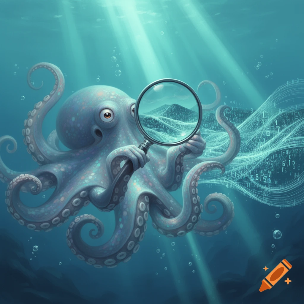 A blue cartoon octopus underwater holding a magnifying glass, looking ...