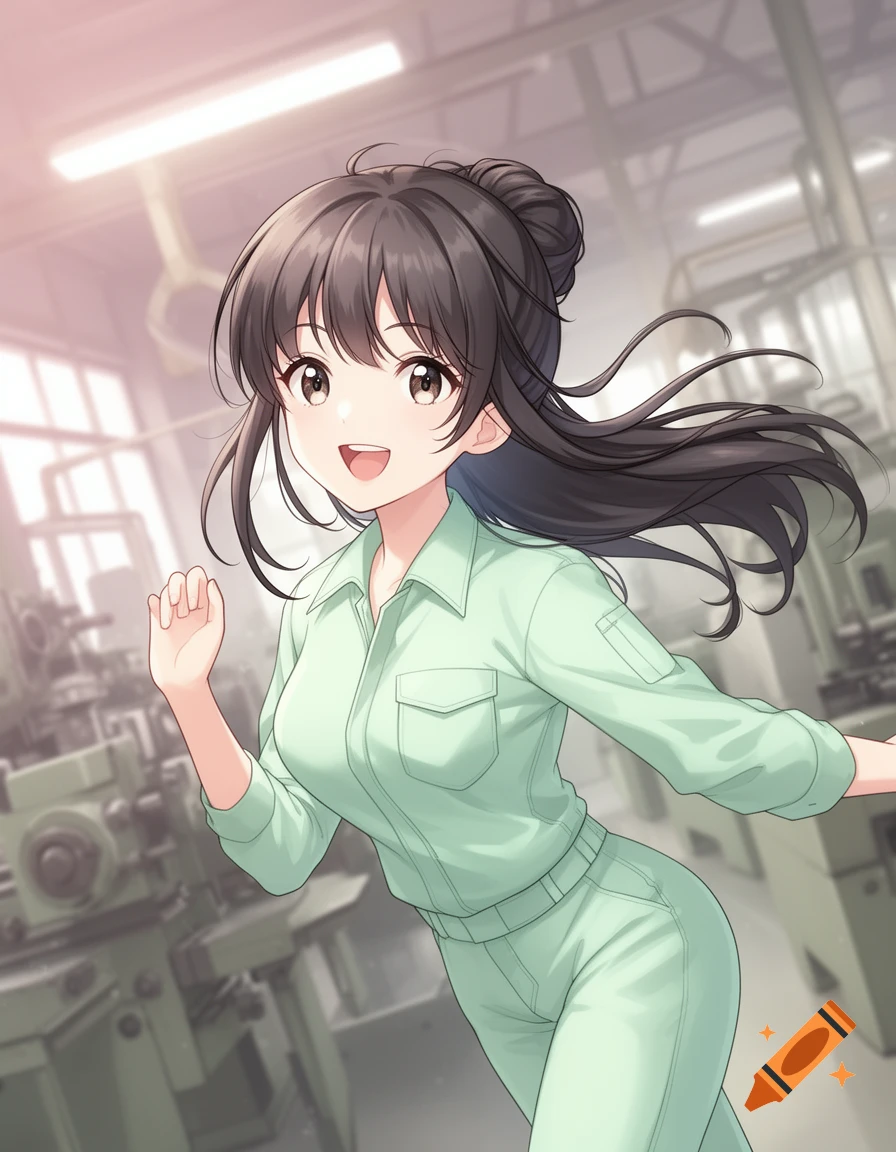 A cheerful anime woman in a light green factory uniform running through ...