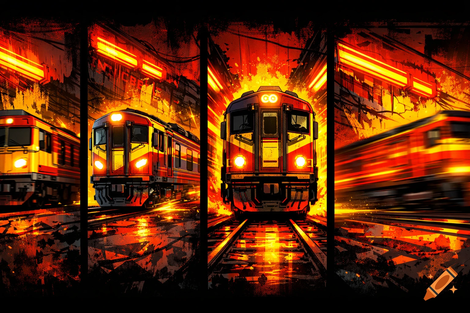 Multiple trains depicted in a fiery, high-contrast comic art style with ...