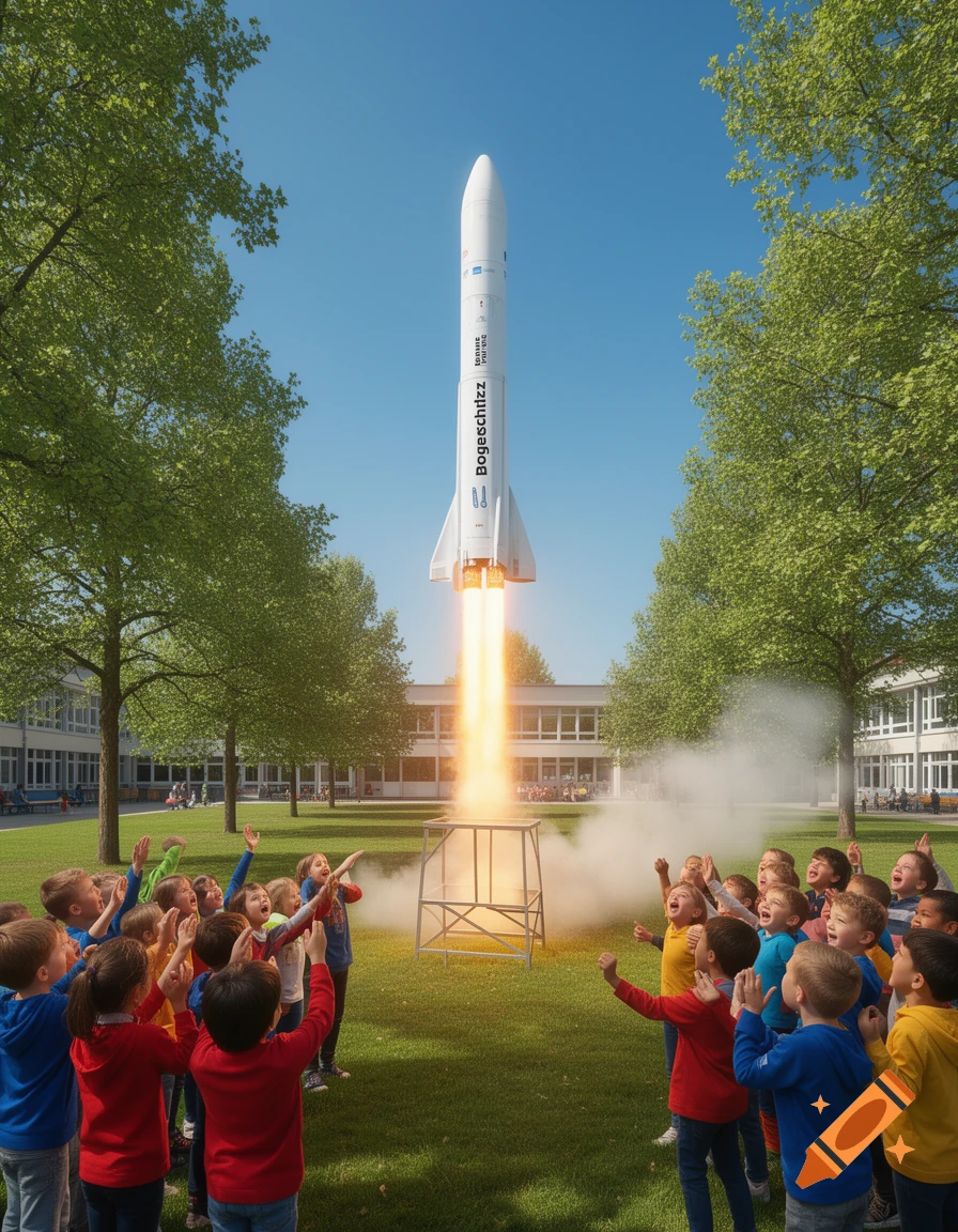 A group of excited children watch a white rocket launch from a grassy ...