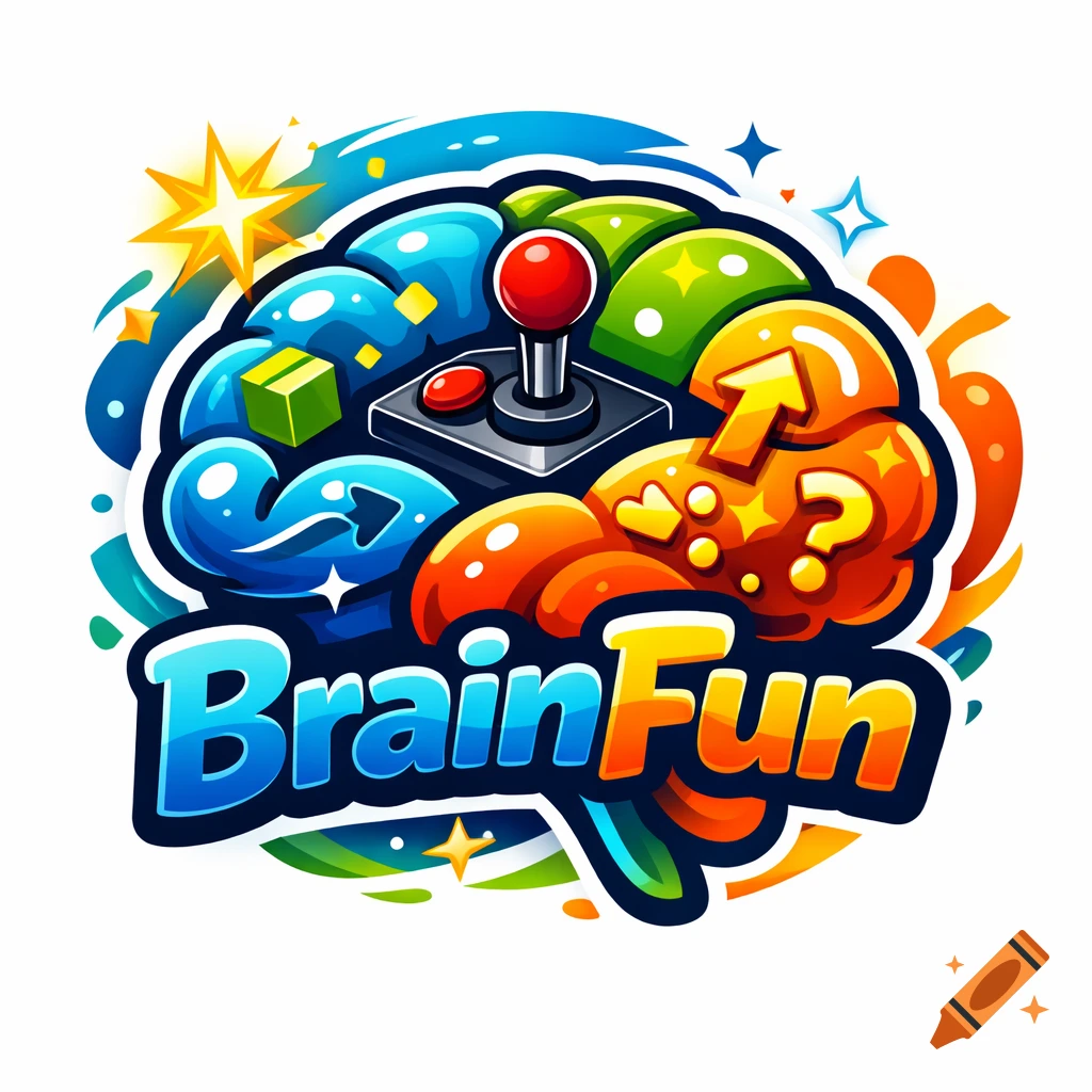 Stylized, colorful brain logo with a joystick, game icons, stars, and ...