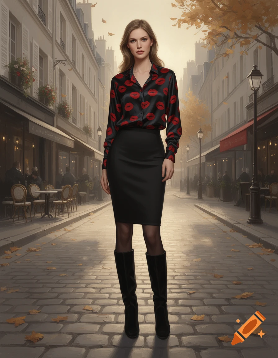 A woman in a black blouse with red lips pattern, black skirt, and boots ...