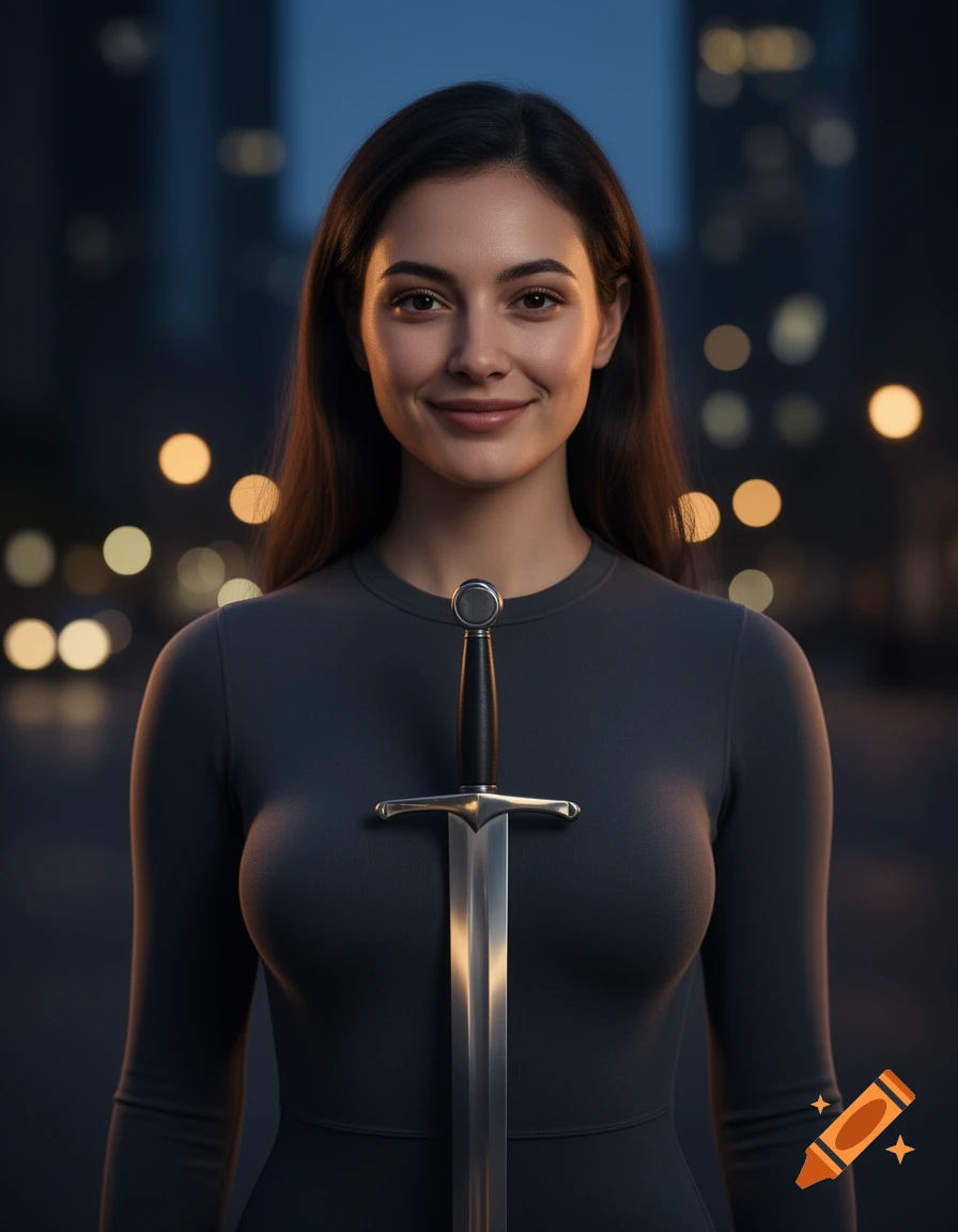 Photorealistic smiling woman in a fitted top with a sword in front of ...