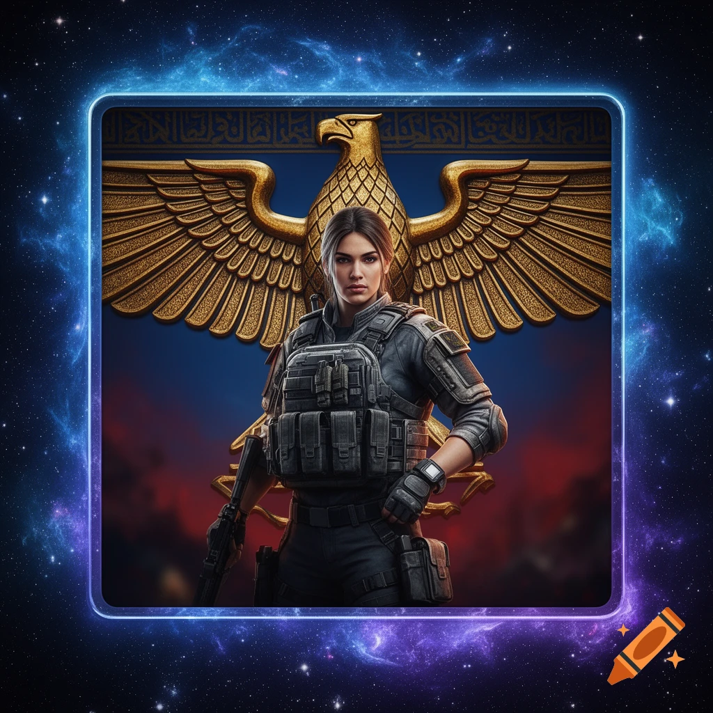 A female character in tactical gear stands confidently before a golden ...