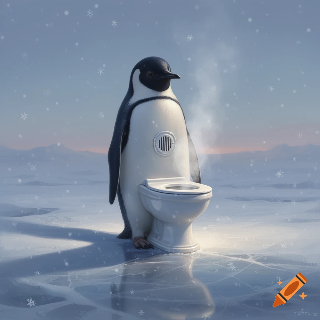 A photorealistic image of a penguin with a toilet forming its lower ...