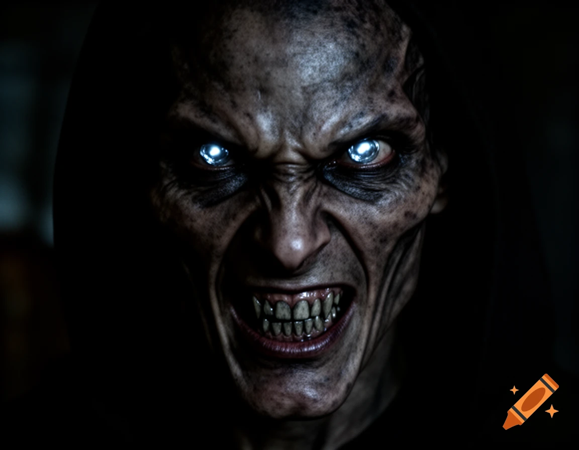 Close-up of a snarling, inhuman face with glowing blue eyes and sharp ...