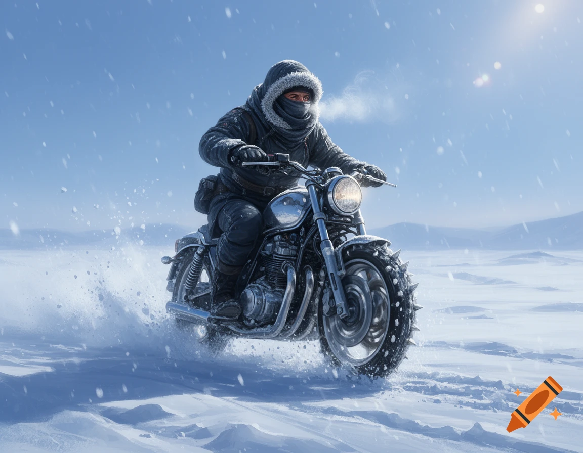A heavily bundled person rides a motorcycle with spiked tires through a ...