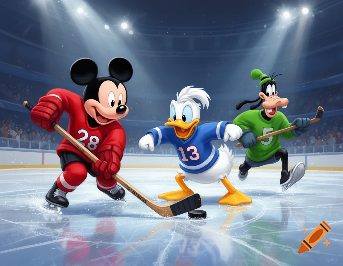 Mickey Mouse, Donald Duck, and Goofy playing hockey on ice in an arena ...