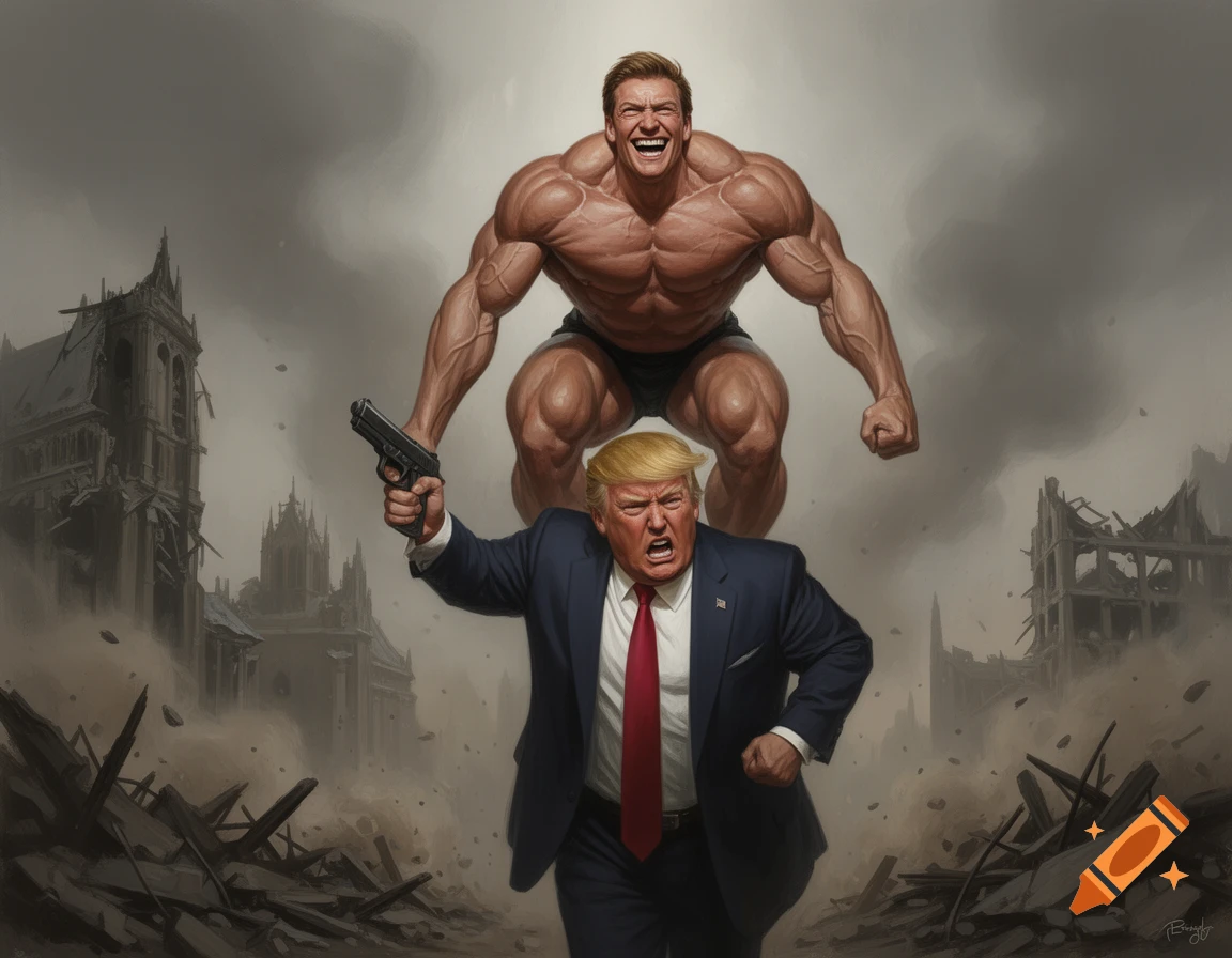 Muscular man stands victoriously on an angry Donald Trump holding a gun ...