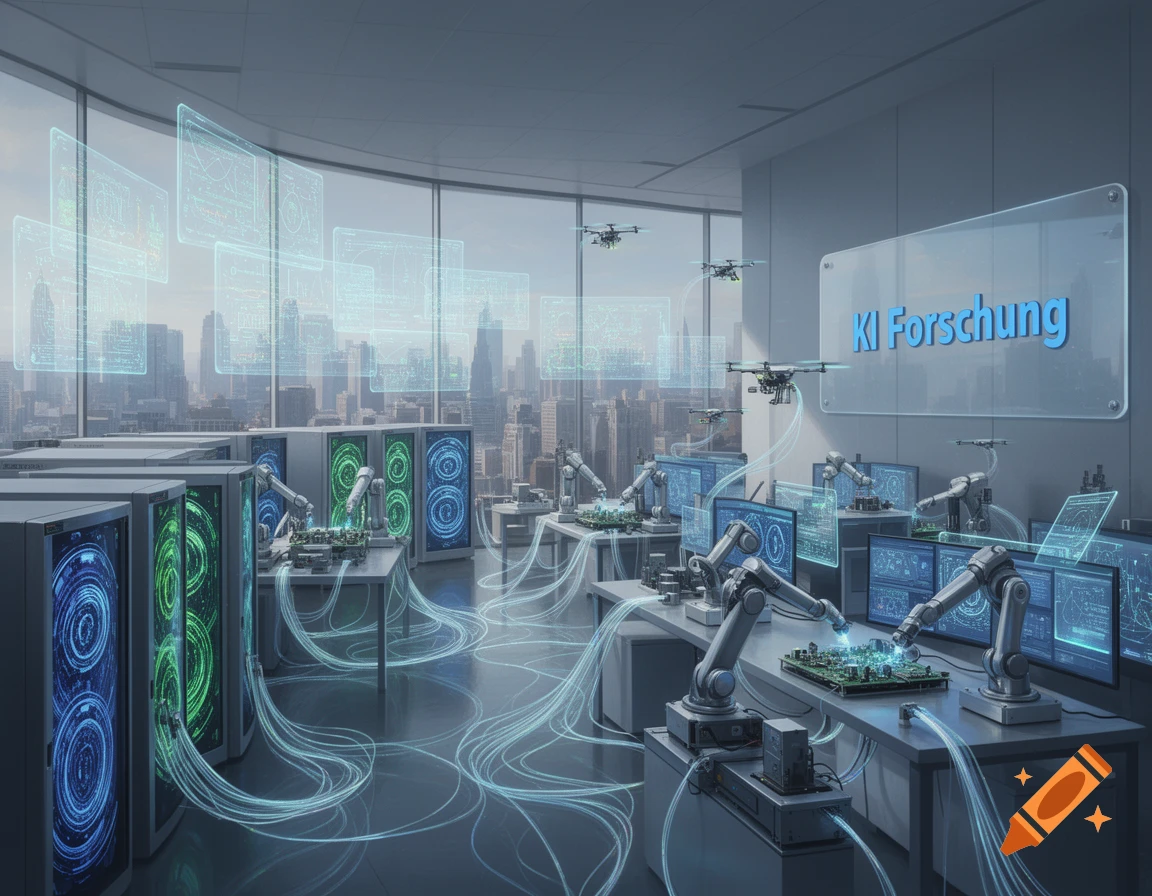 Futuristic AI research lab with robotic arms, drones, glowing servers ...