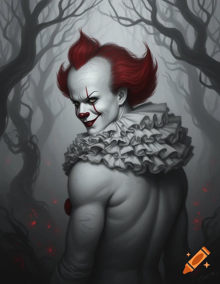 Pennywise, a menacing clown with red hair and a ruffled collar, grins ...