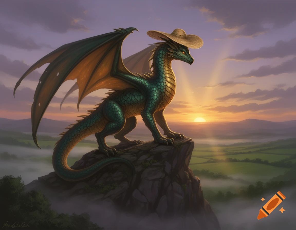 A majestic green and gold dragon wearing a straw hat perches on a rocky ...