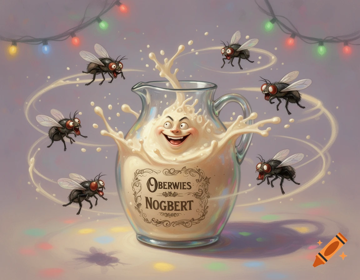 Cartoon of an eggnog character in a jug, surrounded by six flies, under ...