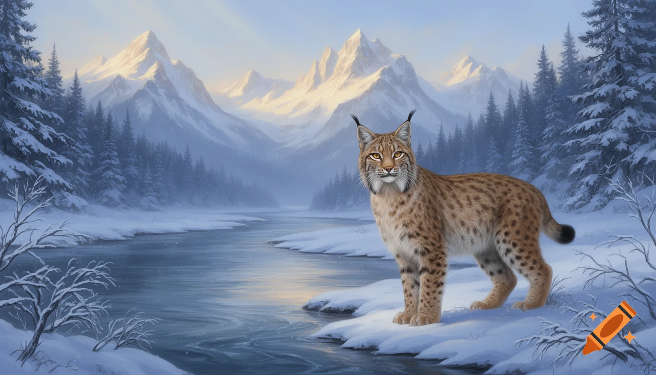 A photorealistic lynx stands on a snowy riverbank with snow-capped ...
