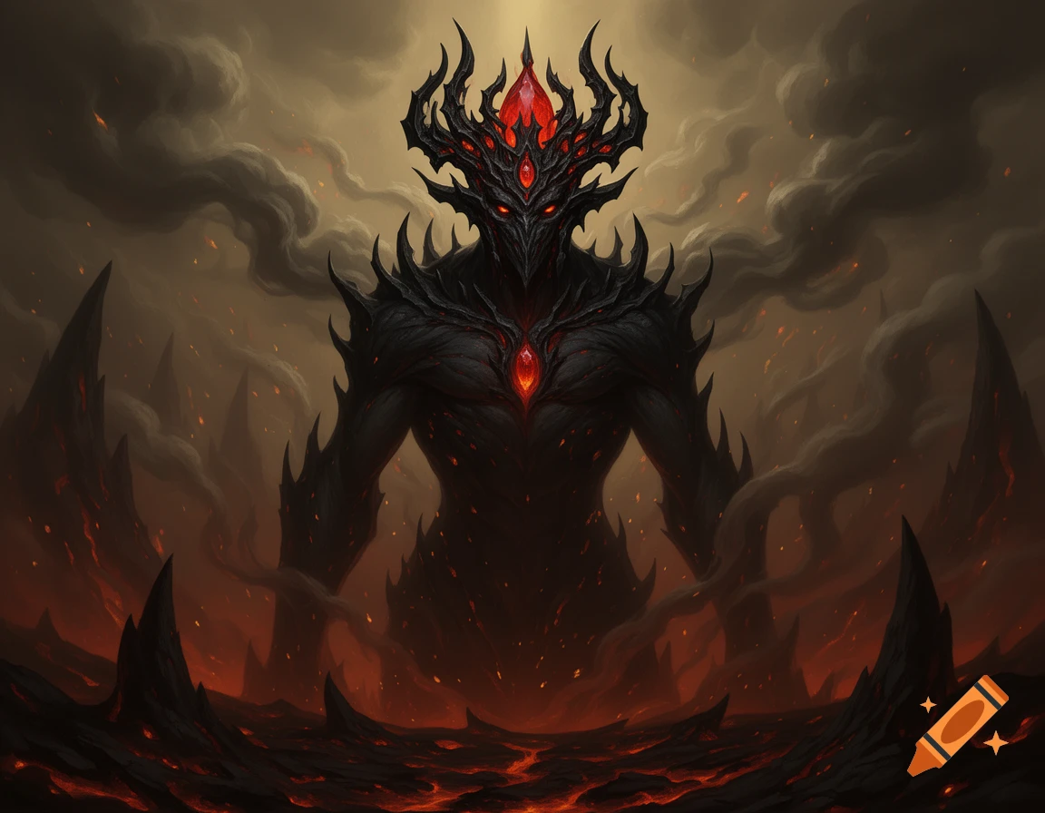 A menacing black demon with a spiky crown and glowing red gems on its ...