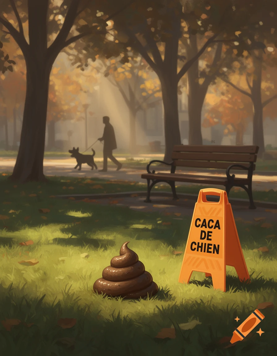 An illustrated park scene features a large pile of dog poop and an ...
