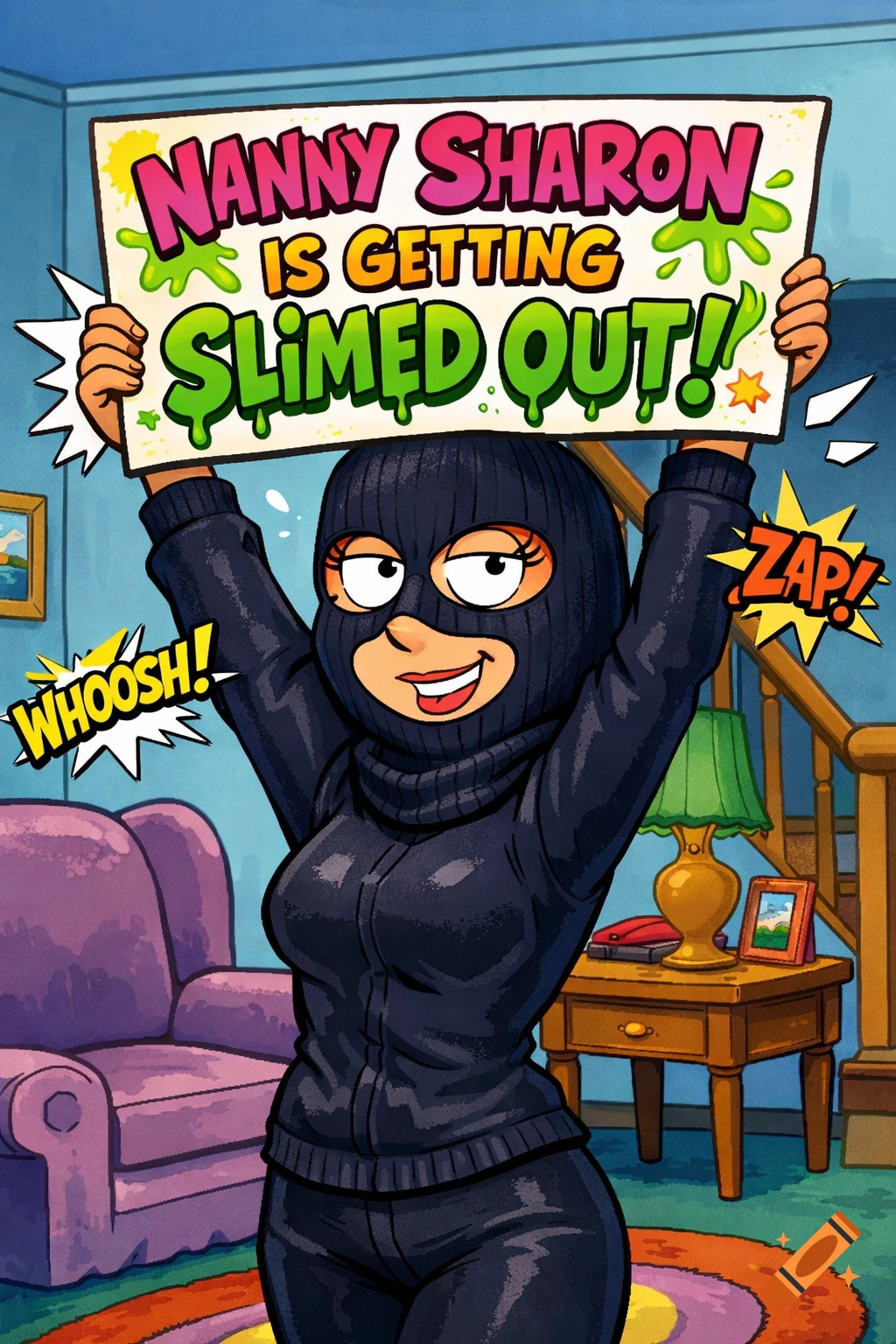 A cartoon woman in a black balaclava and tracksuit holding a sign that ...