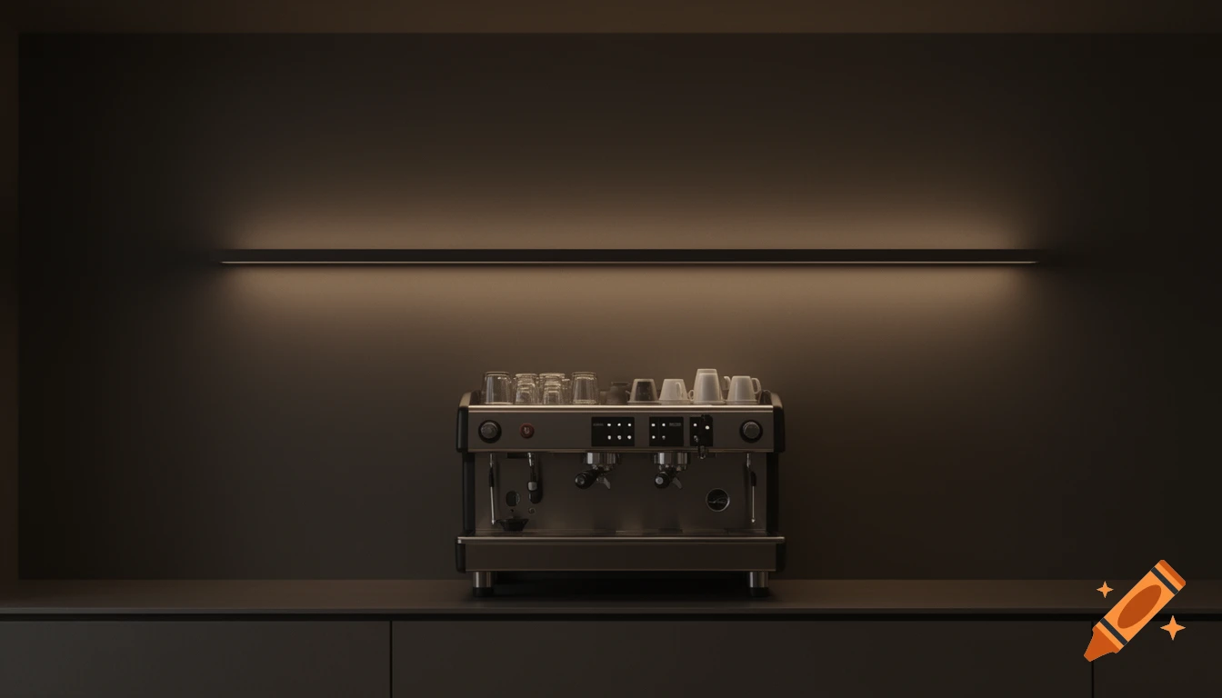 A modern, dark, and moody coffee bar interior with a stainless steel ...