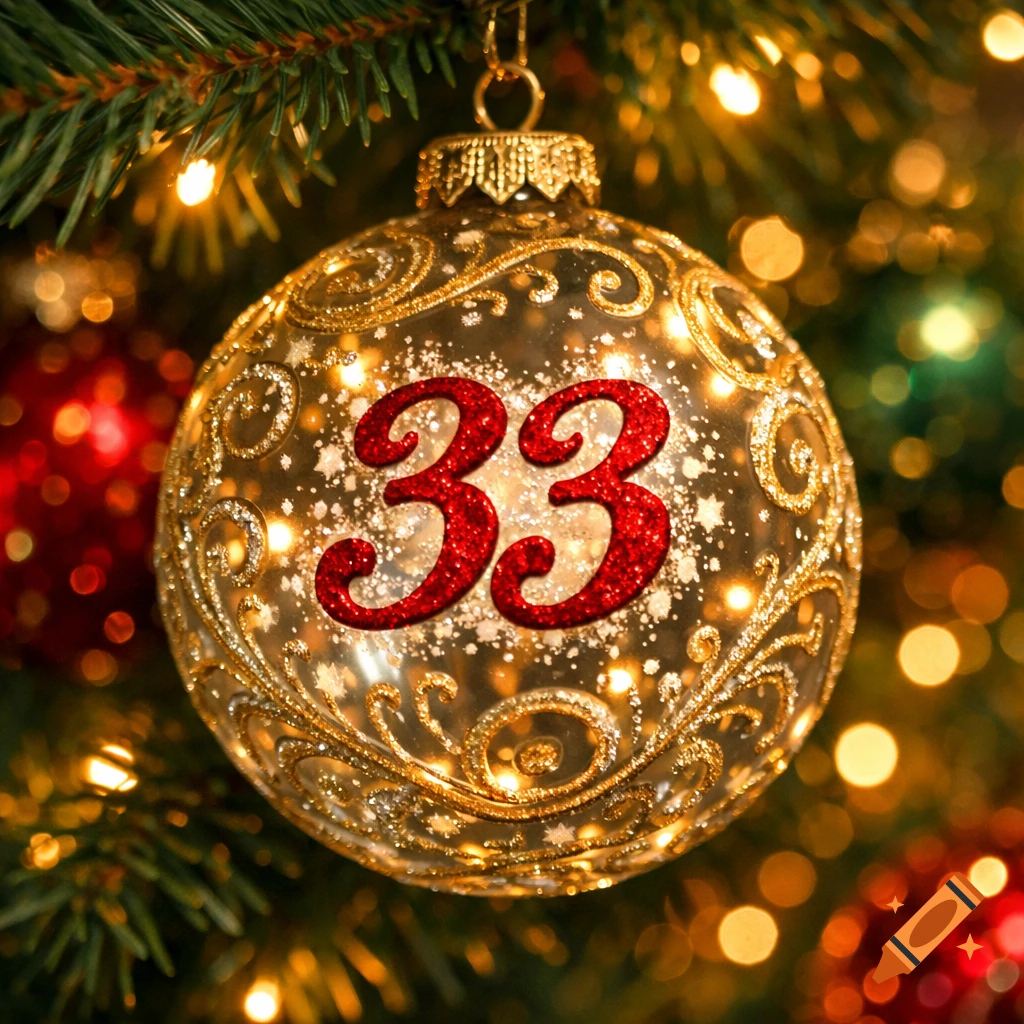 A sparkling gold Christmas ornament with the number 33, hanging on a ...