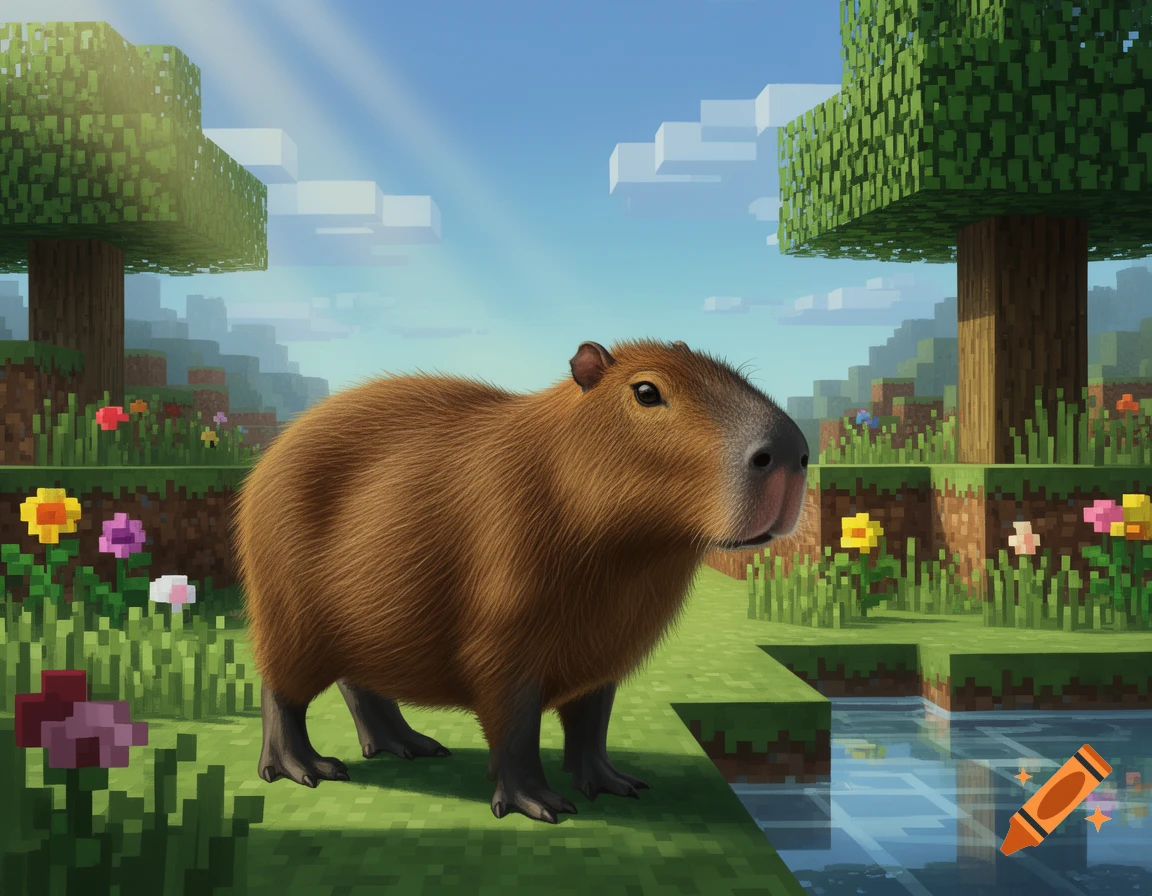 A realistic capybara stands on blocky grass next to a blocky pond in a ...