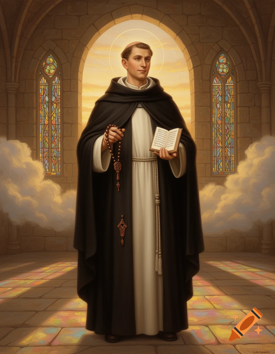 Full-body portrait of a young saint or monk in a black and white habit ...