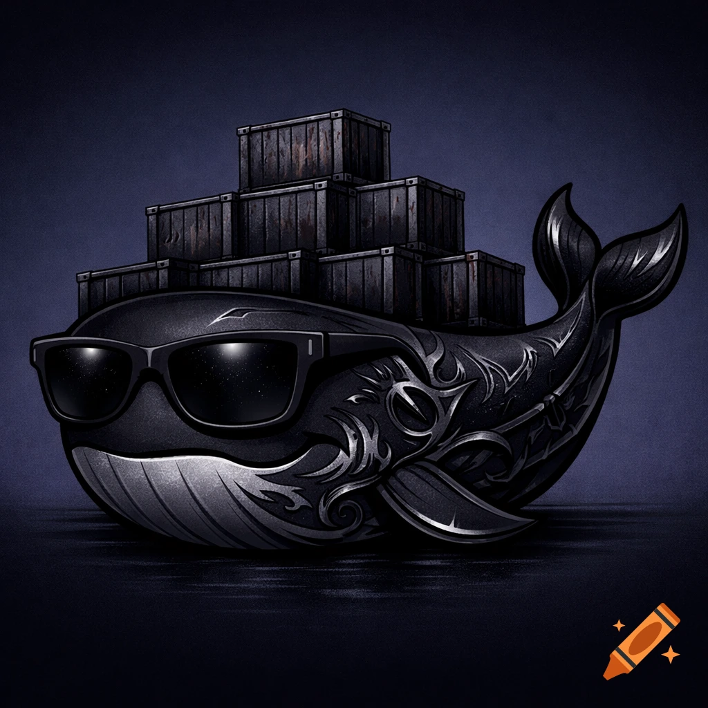 A stylized goth whale wearing sunglasses, carrying a stack of rusty ...