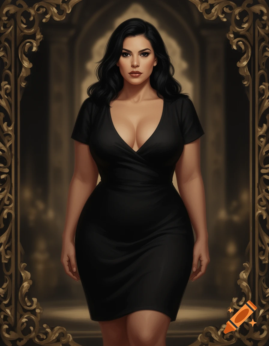 A photorealistic portrait of a woman with dark hair in a black dress ...