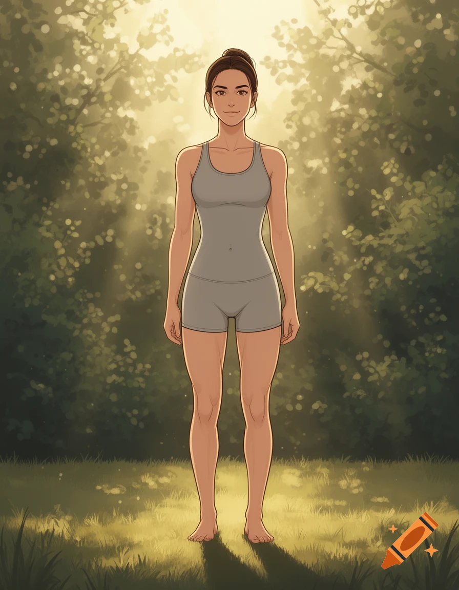 A slim anime woman in a grey tank top and shorts stands barefoot in a ...