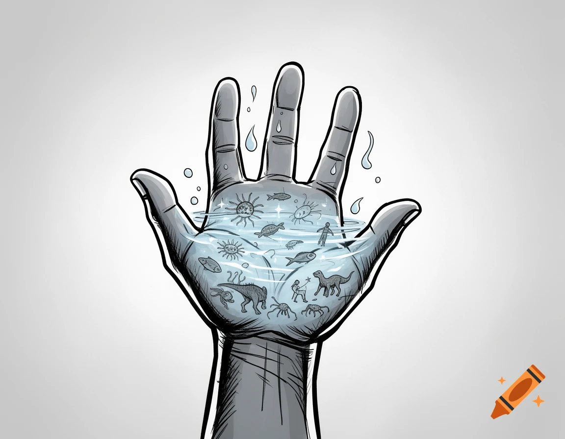 Stylized comic drawing of an open hand holding water filled with ...