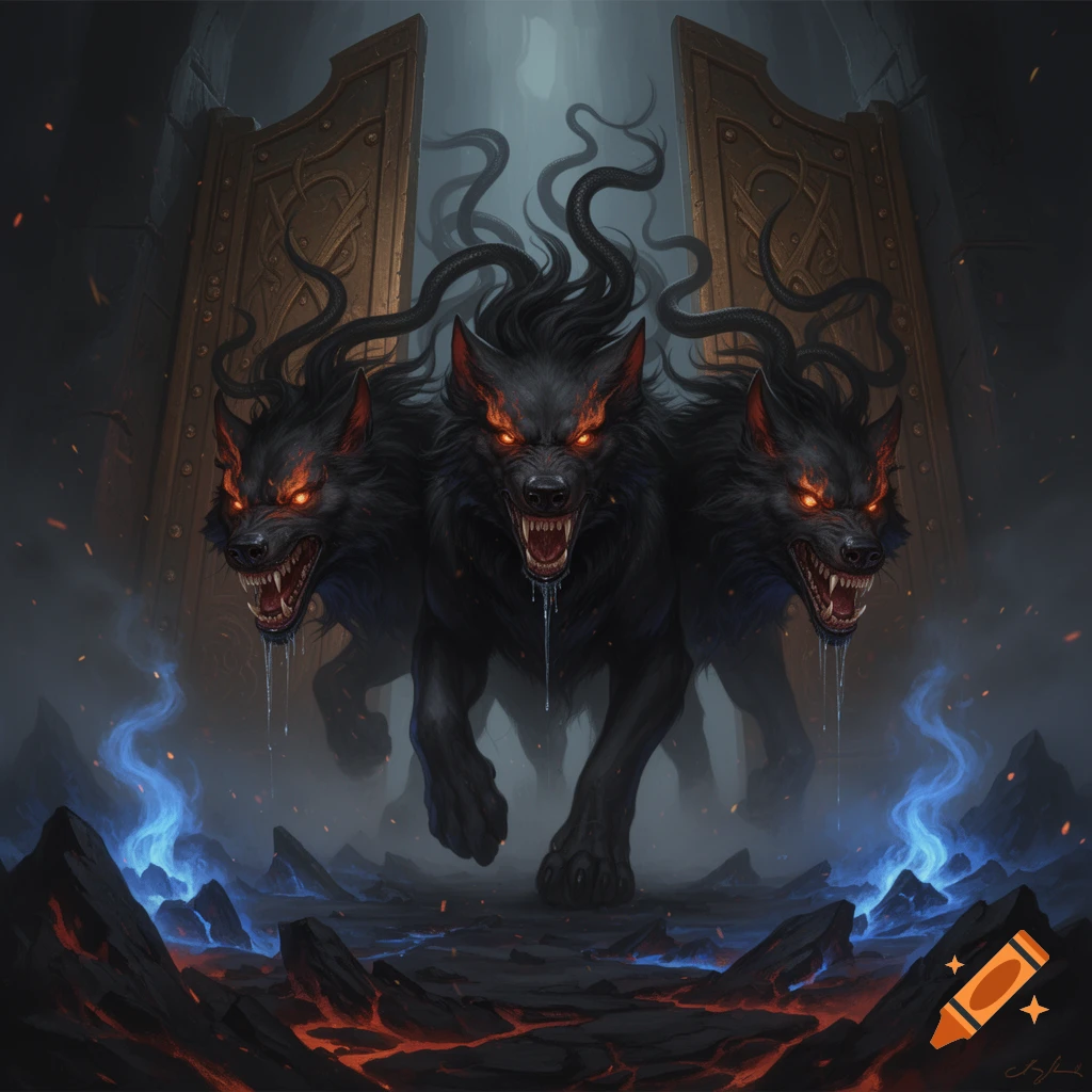 Three-headed Cerberus with glowing red eyes emerges from golden gates ...