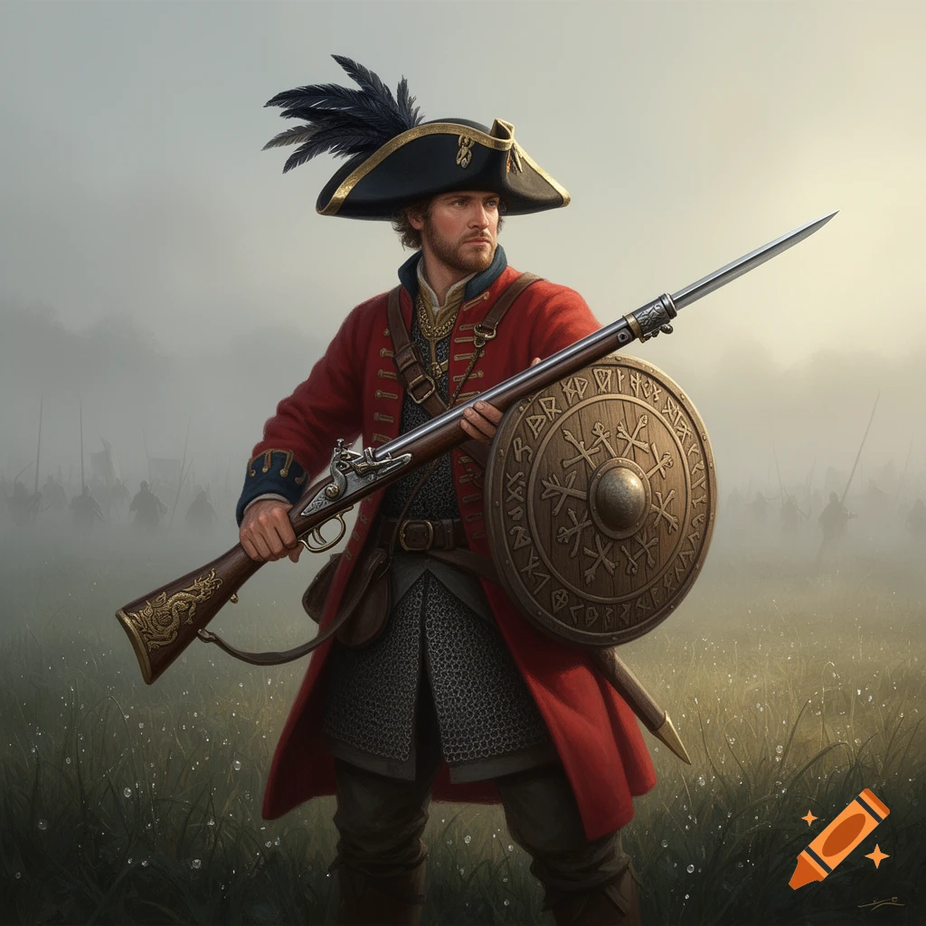 A redcoat soldier in a feathered tricorn hat and chainmail holds a ...