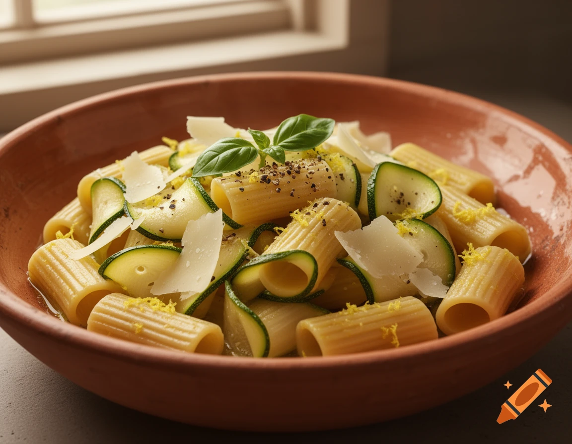 Close-up of rigatoni pasta with zucchini ribbons, parmesan cheese, and ...