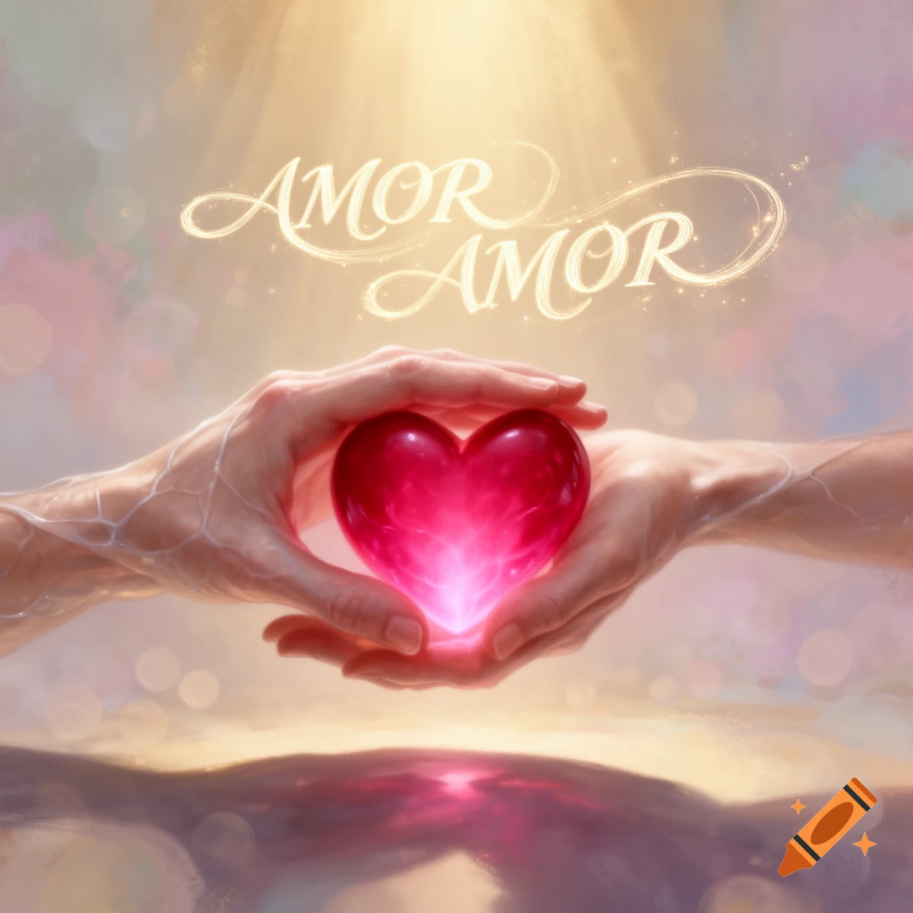 Two hands gently hold a glowing pink heart, with the words 'AMOR AMOR ...