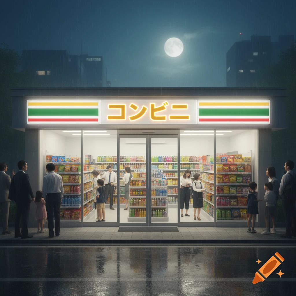 A brightly lit Japanese convenience store at night with people outside ...