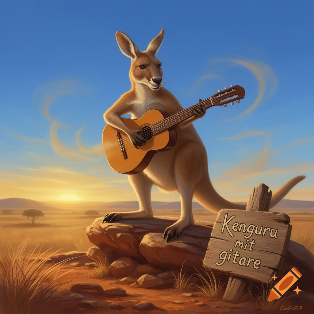 A cartoon-style kangaroo plays an acoustic guitar on rocks in a desert ...