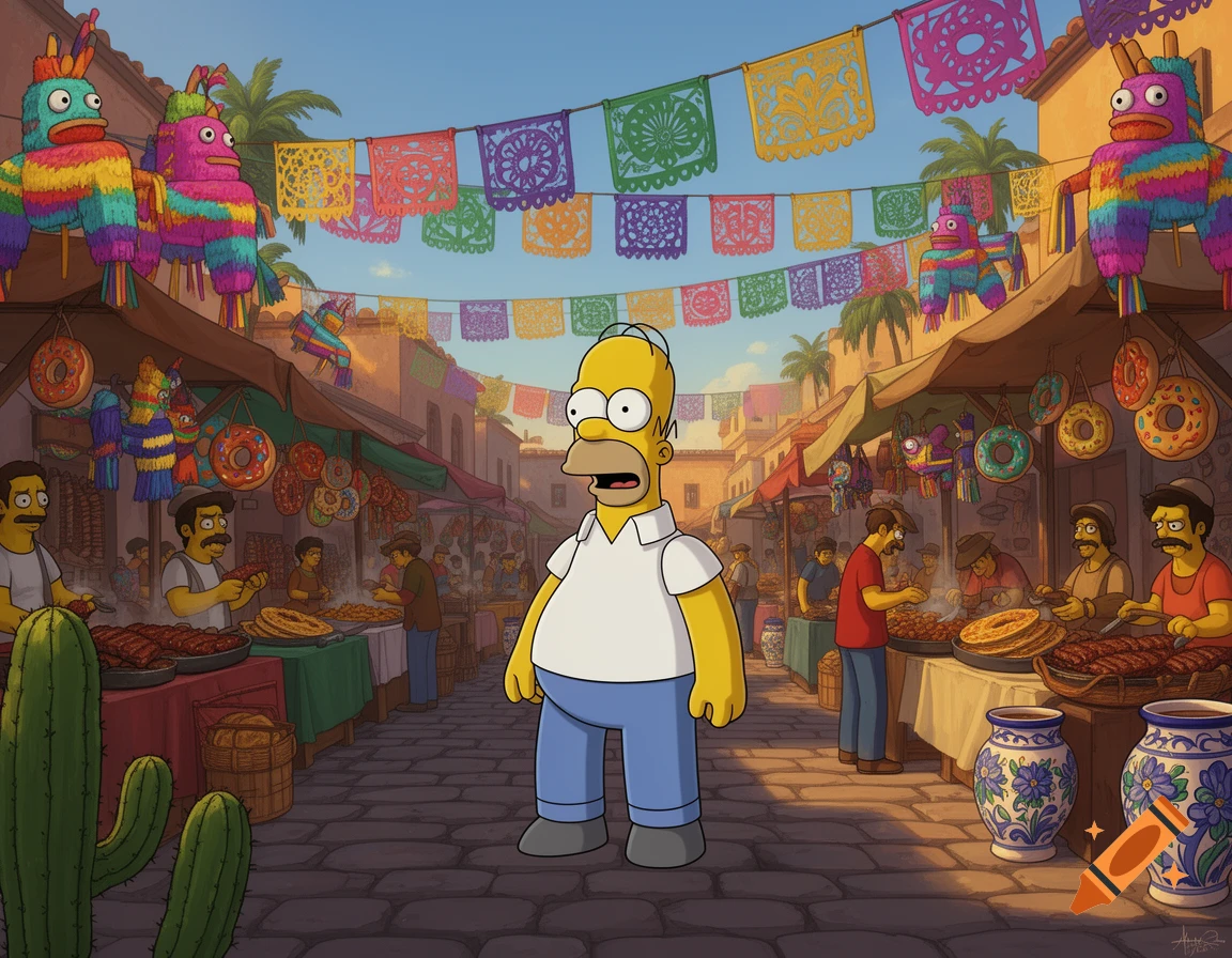 Homer Simpson stands in a vibrant cartoon Mexican market filled with ...