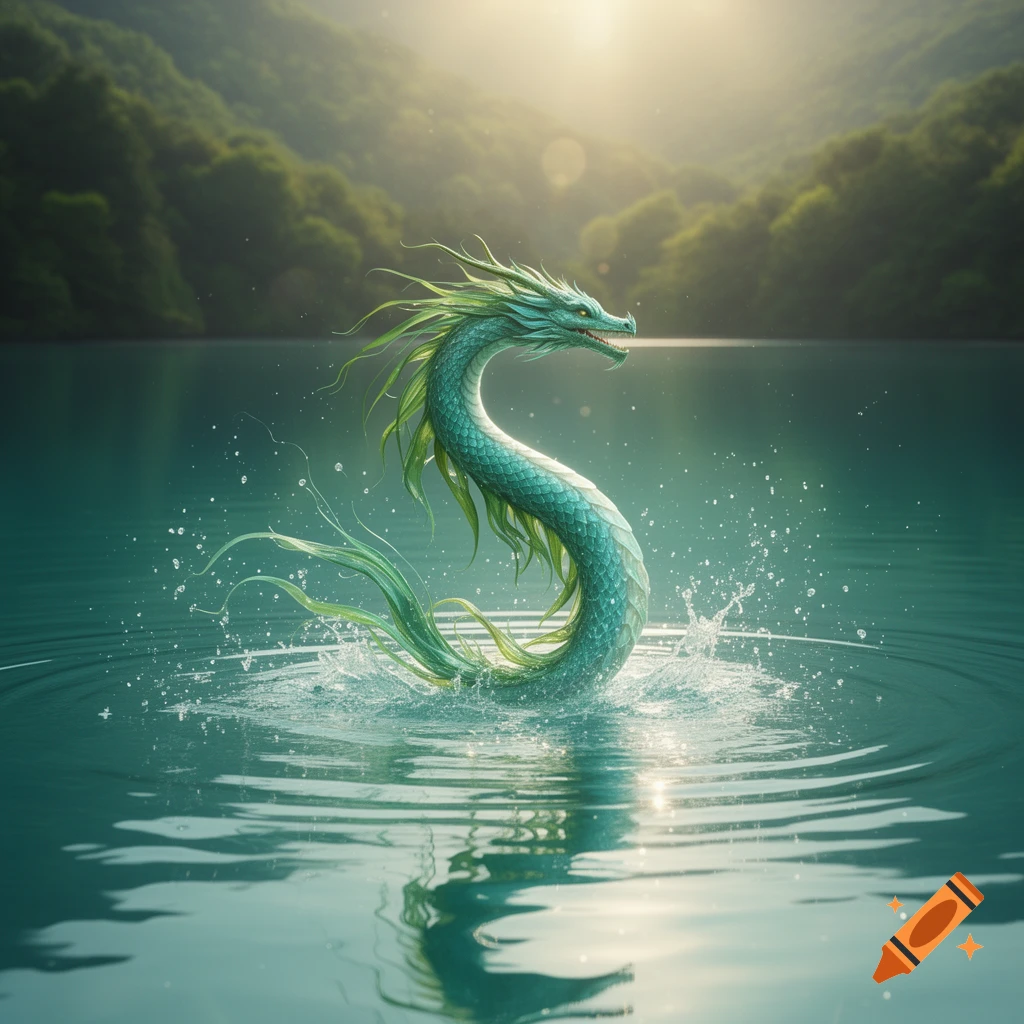 A vibrant green water dragon emerges from a sparkling lake, splashing ...