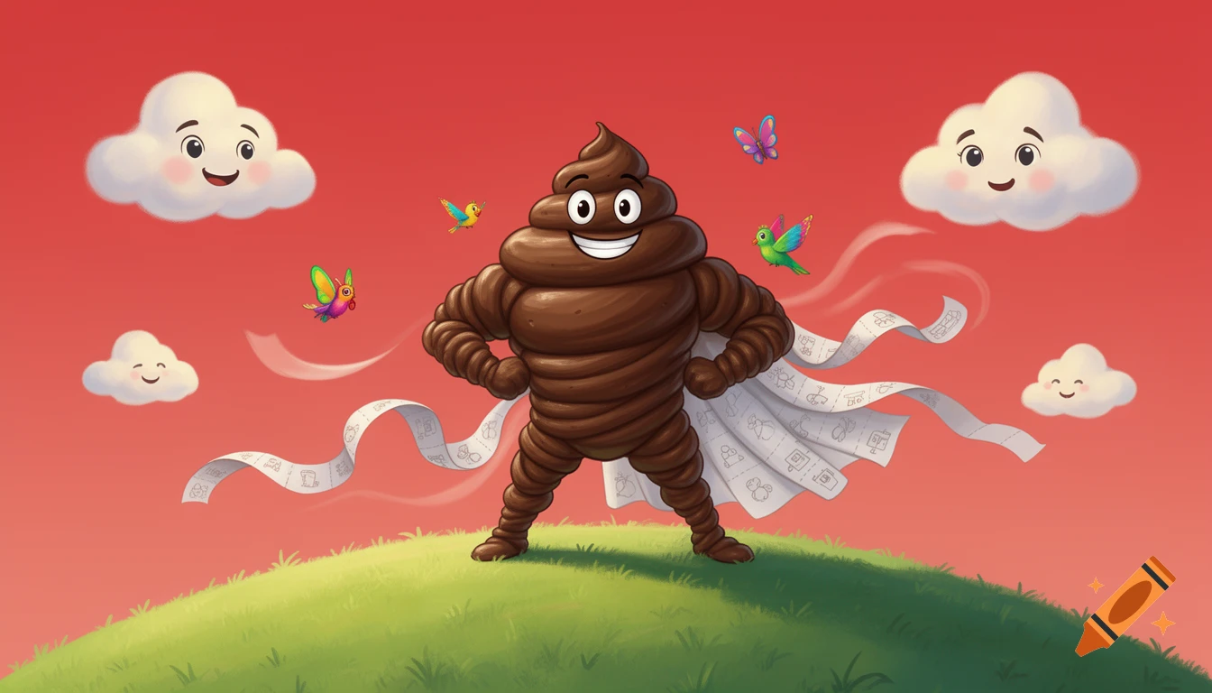 A cartoon superhero made of poop, with a smiling face and a toilet ...
