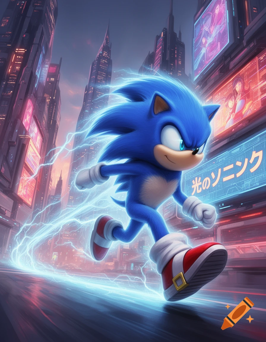 Sonic the Hedgehog runs at super speed, leaving a blue lightning trail ...