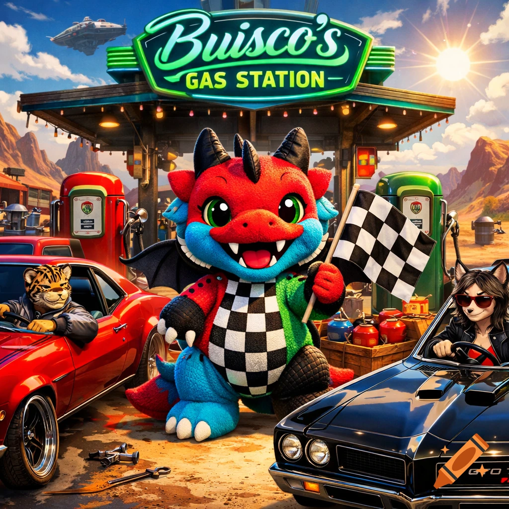 A cartoon dragon holds a checkered flag at Buisco's Gas Station ...