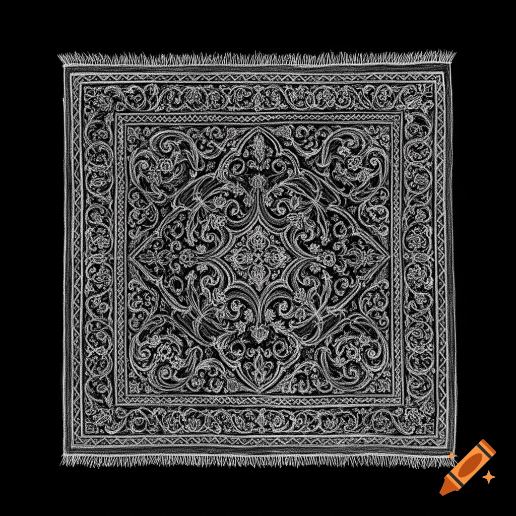 A black and white sketch of an intricately patterned traditional square ...