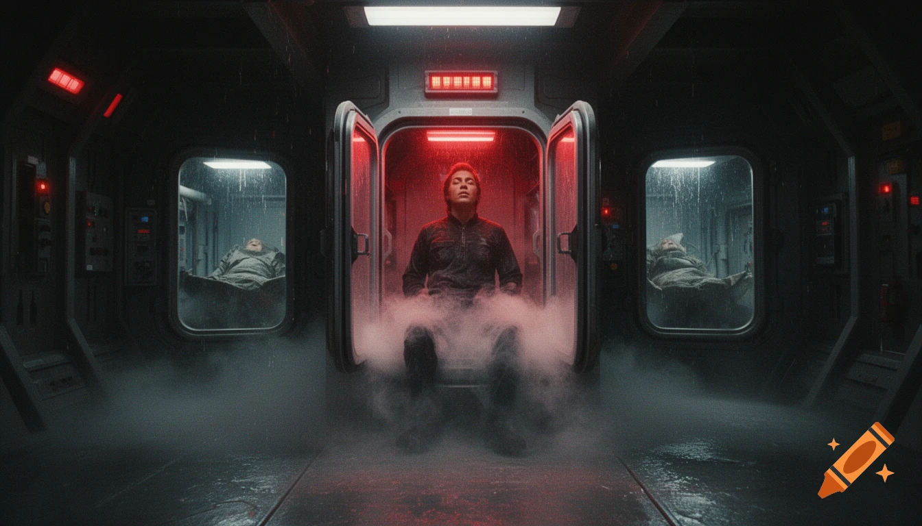 Man emerging from red-lit cryo pod in a dark, humid spaceship bay with ...