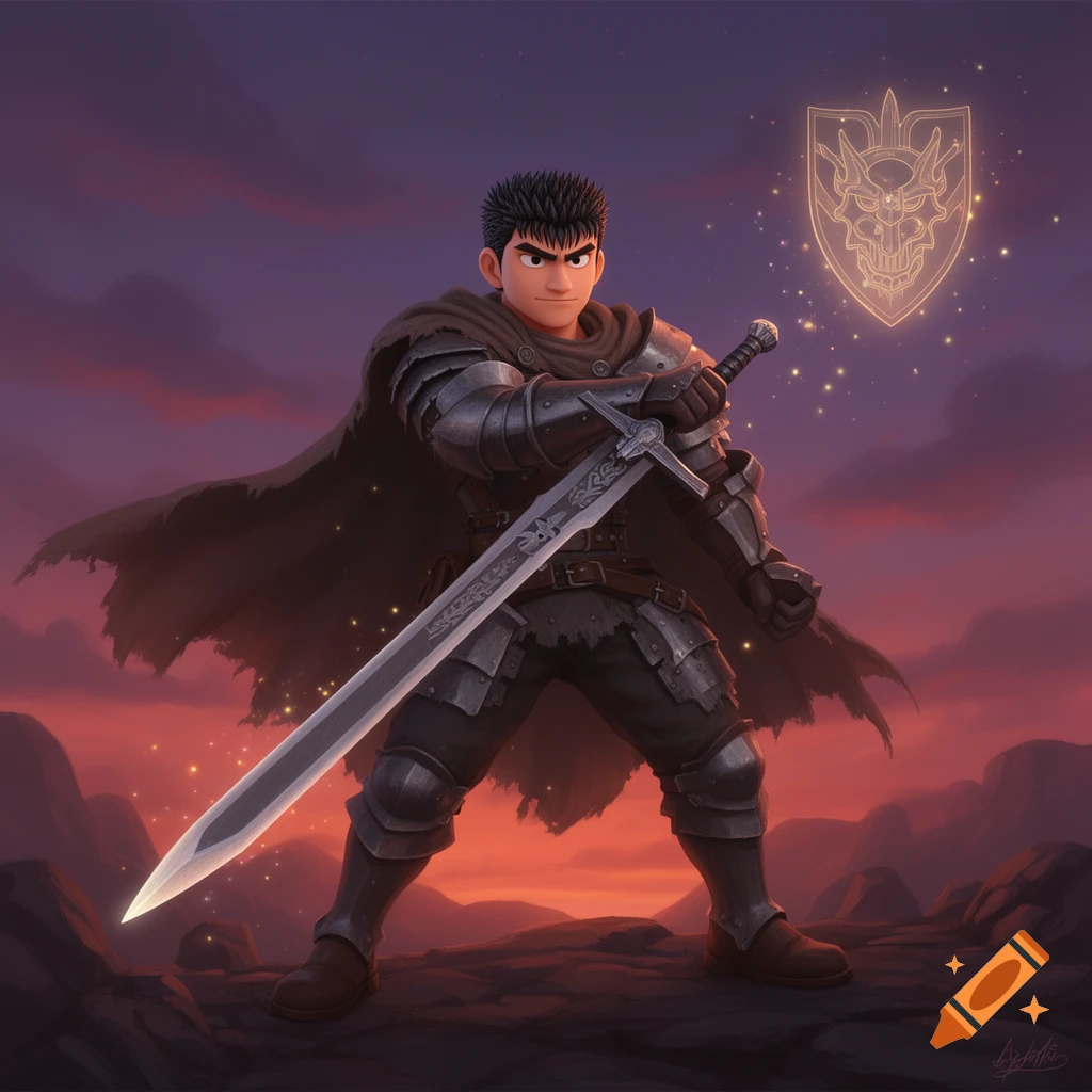 Pixar-style Guts from Berserk stands in armor, holding a huge sword ...
