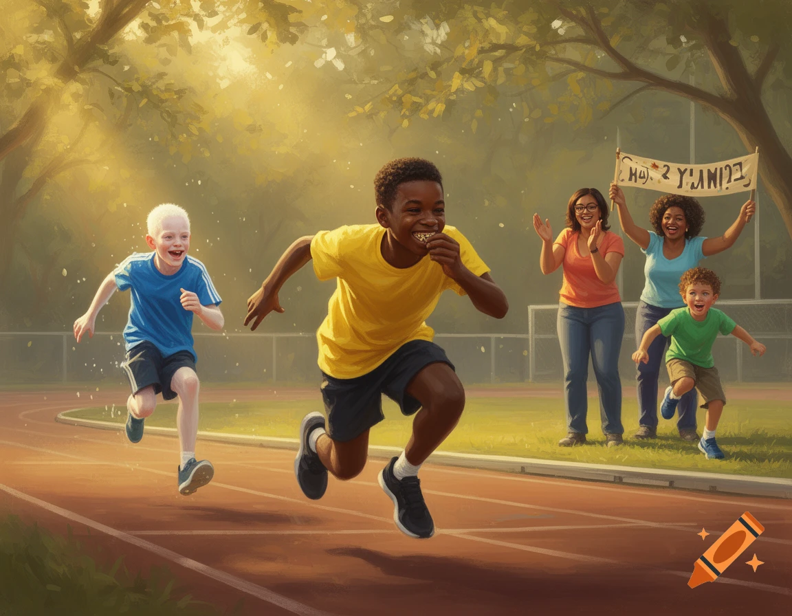 Two boys race on a sunny outdoor track, one in yellow shirt eating ...