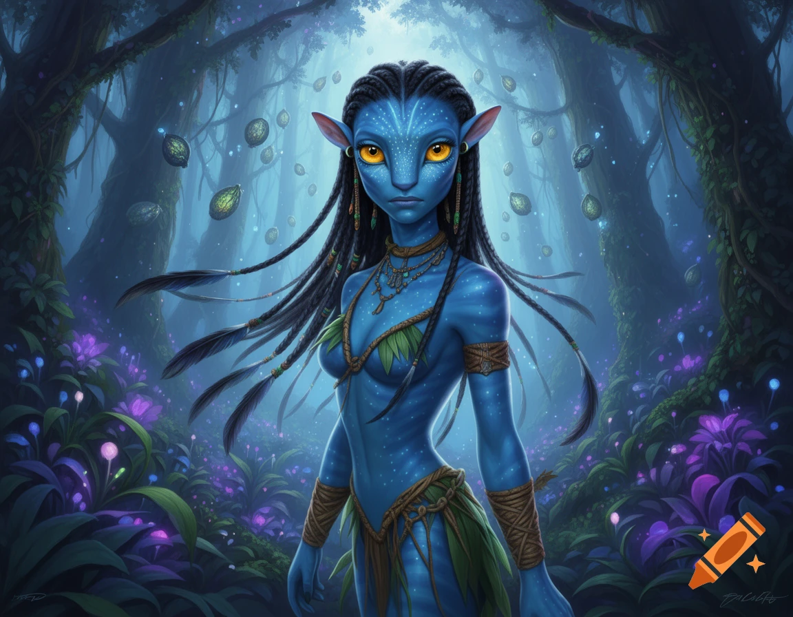 A blue-skinned character resembling Neytiri from Avatar stands in a ...