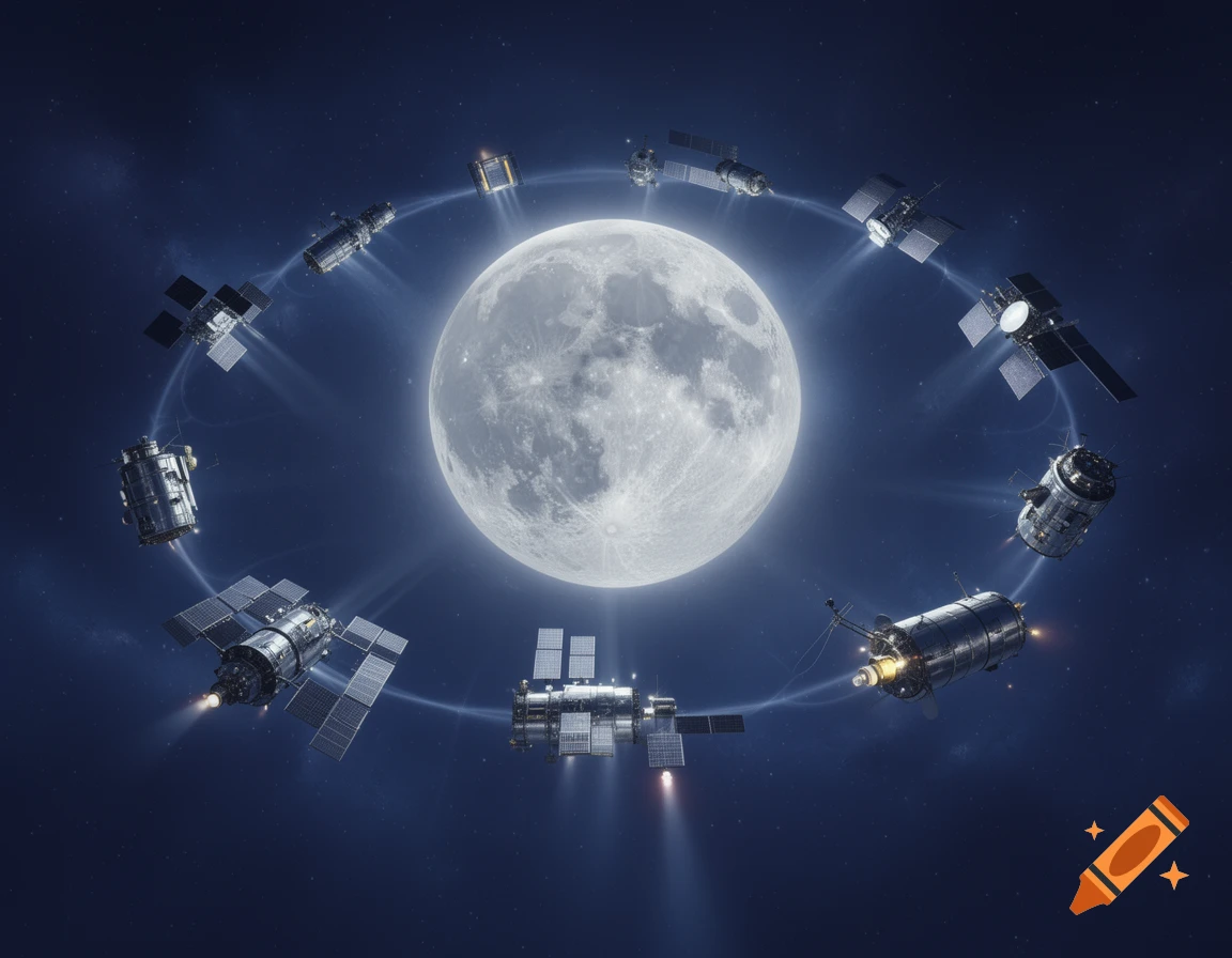 A full moon in space surrounded by multiple satellites orbiting it ...