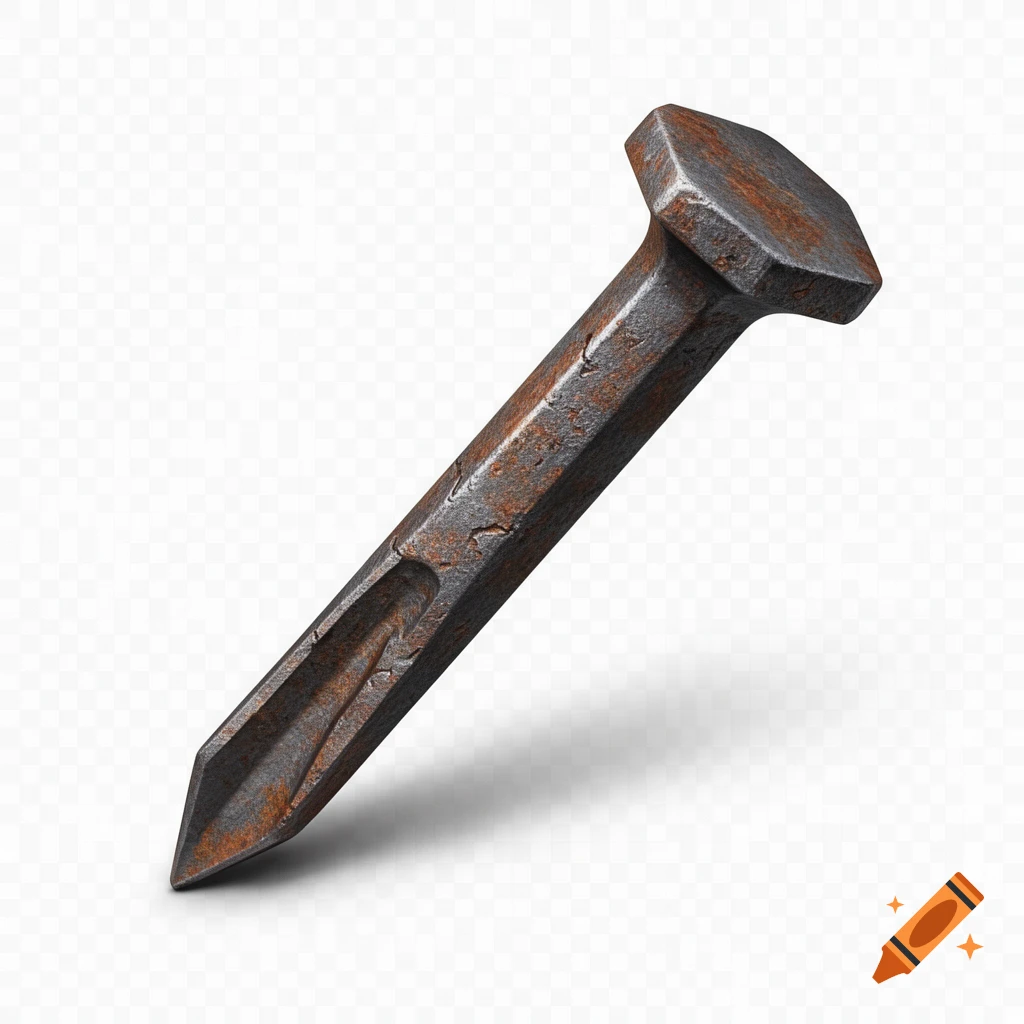 A single rusty, hexagonal railroad spike shown in a semi-realistic ...